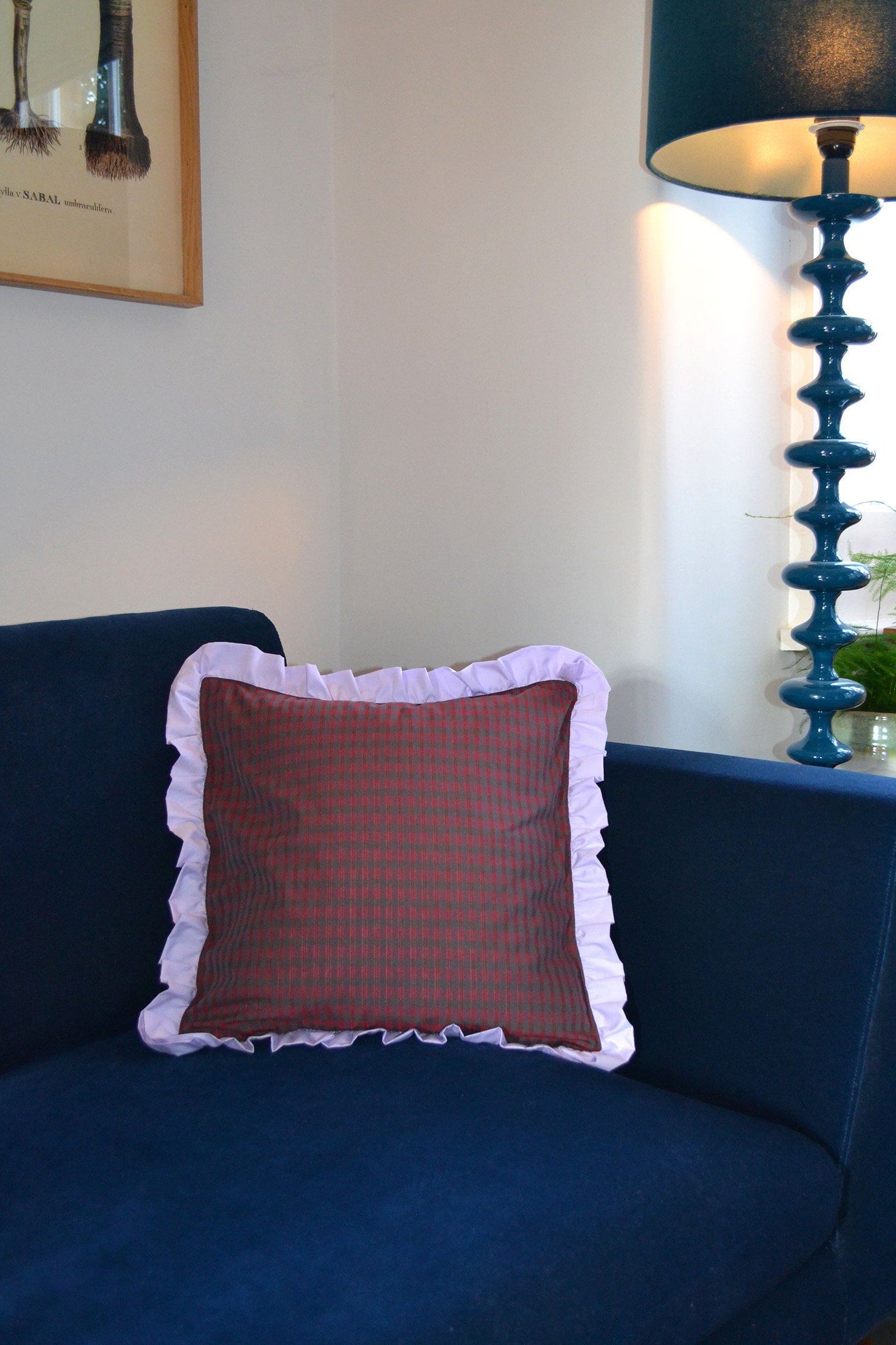 Red Check Ruffle Cushion With Lilac Frill Edge | Cotton – Saywood.