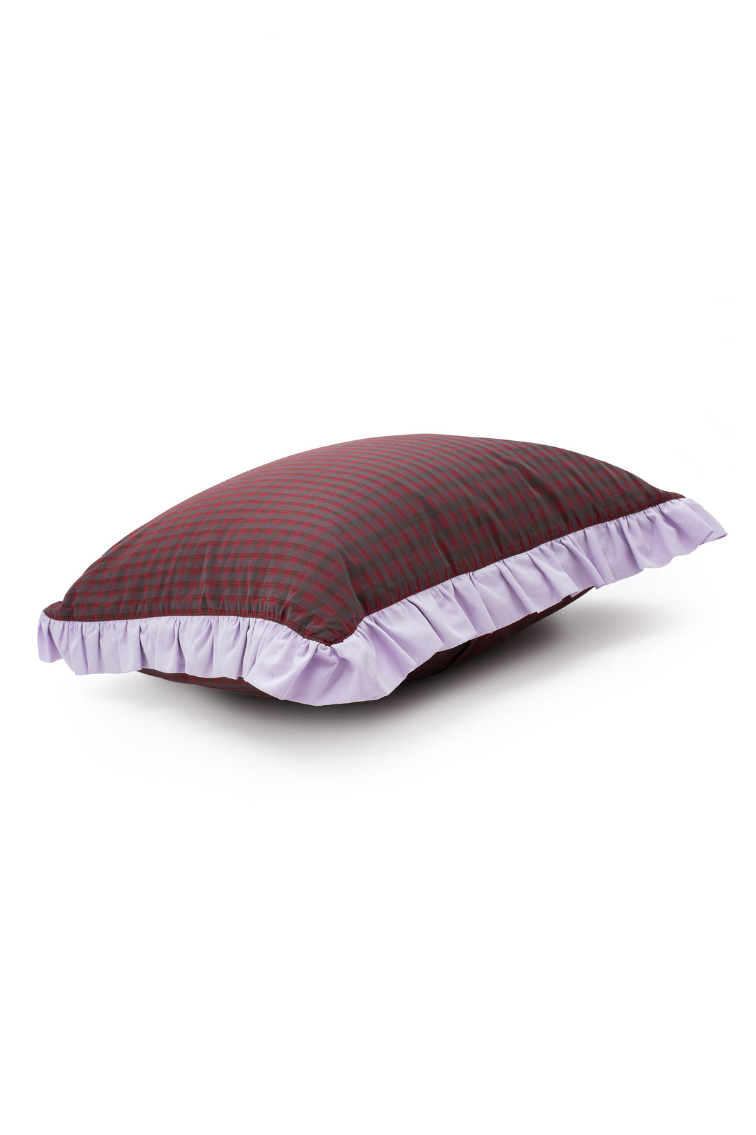 Red Check Ruffle Cushion With Lilac Frill Edge | Cotton – Saywood.